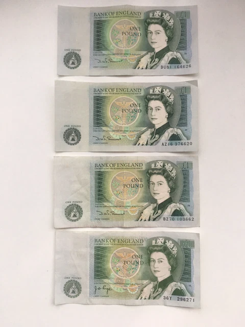 COLLECTION OF 4 Bank of England One Pound Notes 1970-1988 J Page / D ...
