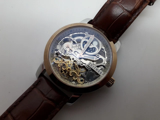 MENS 6812 ZEITNER Iconic Steel Automatic Skeleton Watch Sun & Moon Face ...