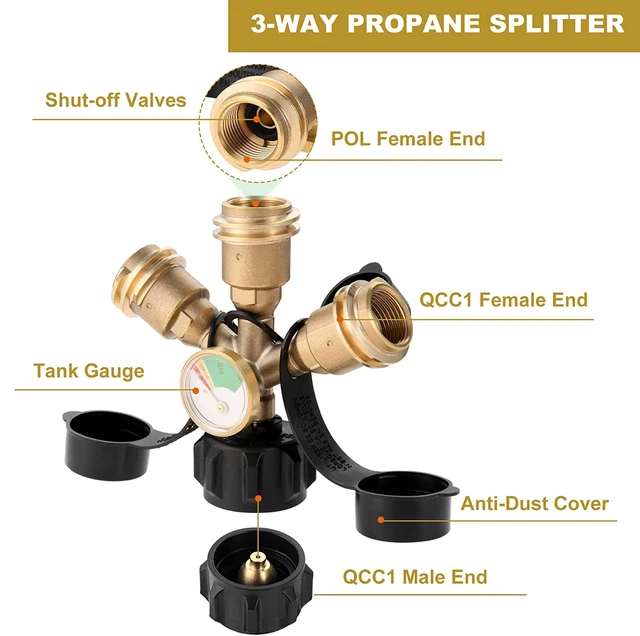 3WAY PROPANE GAS Splitter with Gauge Shut-Off Valve QCC1 Type1 ...