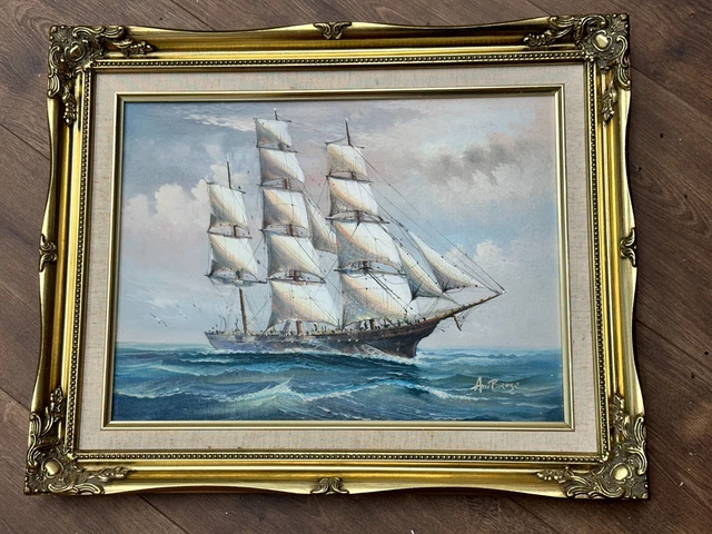 OIL PAINTING OF tall sailing ship on canvas signed by Ambrose. Framed £ ...