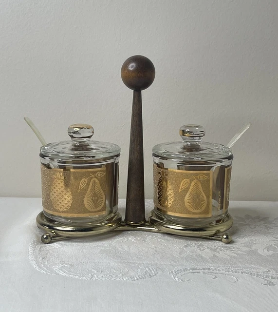 VINTAGE 70'S CULVER 22K Gold Condiment Set W/Caddy Pineapple Pears ...
