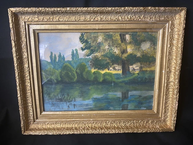 TABLEAU ANCIEN AQUARELLE Paysage Verdoyant Campagne Bord De L’eau Signé EUR 75,00 - PicClick IT