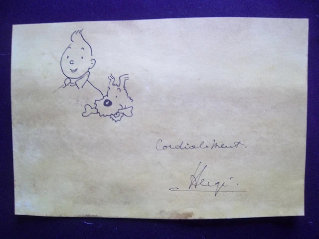 RARE DESSIN / dédicace original(e) de Hergé représentant Tintin et ...