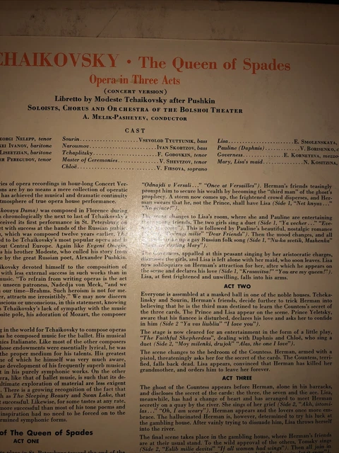 TCHAIKOVSKY QUEEN OF Spades LP MELIK-PASHEYEV 1950's Opera Society ...