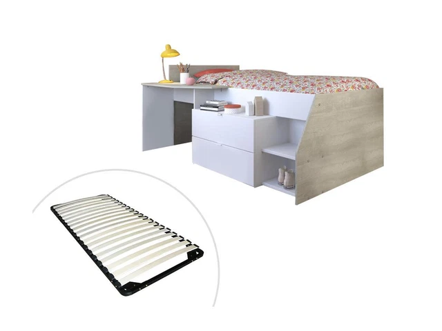 LIT AVEC BUREAU et rangements - 90 x 200 cm - Blanc et naturel ...