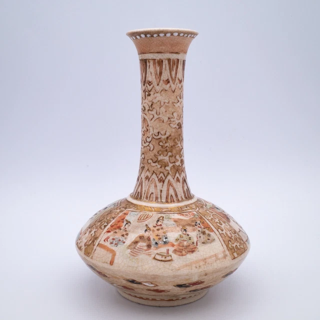ANTIQUE JAPANESE SATSUMA Pottery Long Neck Vase By Hododa 保土田造 Early ...