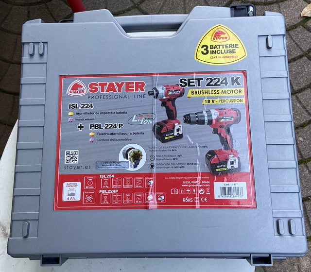 KIT STAYER TRAPANO A BATTERIA BRUSHLESS + AVVITATORE AD IMPULSI 18V 4.0 Ah EUR 135,00 - PicClick IT