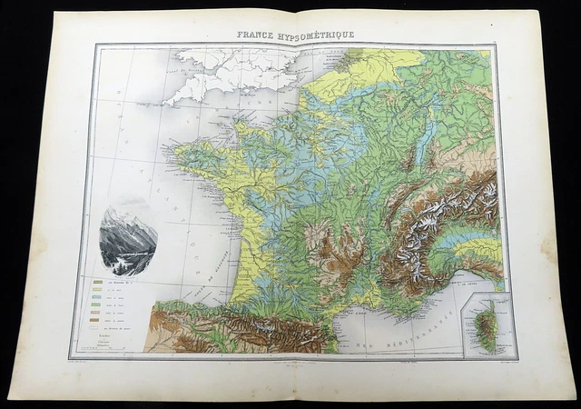 ANTIQUE MAP OF France French Geological Hypsometric Geography Land ...