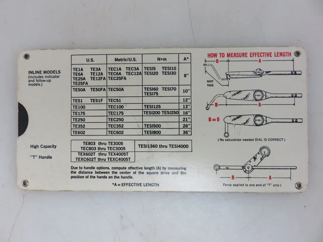 SNAP-ON TOOLS TORQUE Computer Slide Chart For Torque Wrench Adapter or ...