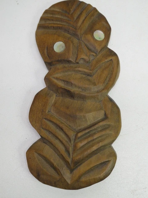 NZ MAORI HAND Carved Kauri Timber Hei Tiki Statue Paua Shell Moko $36. ...