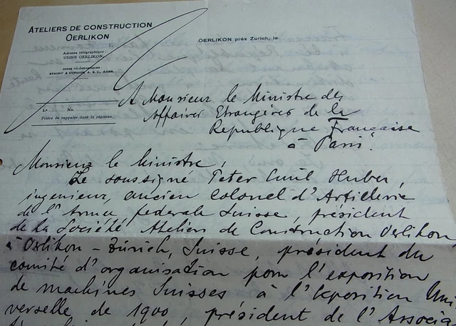 INDUSTRIAL PETER EMIL Huber-Werdmüller: Letter Oerlikon Um 1900, Please ...