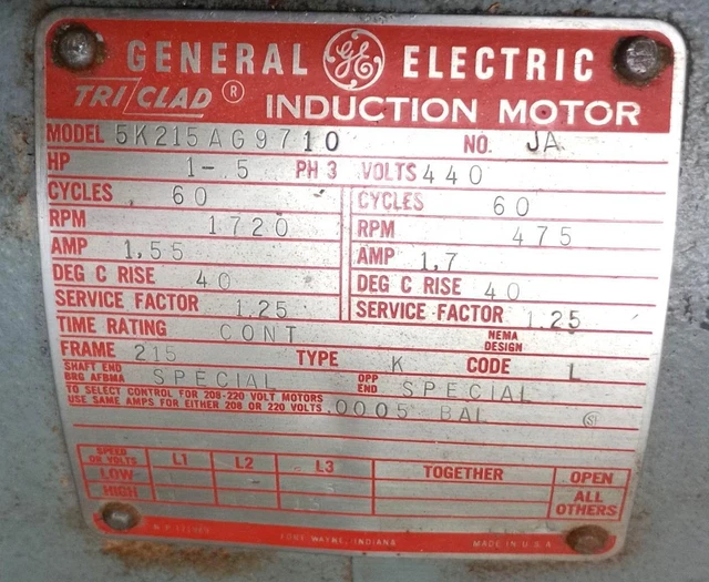 GENERAL ELECTRIC 5K215AG9710 Tri-Clad Induction Motor 0.5-1HP 3PH 440V ...