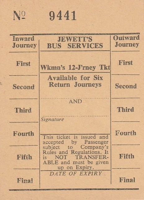 CARD TICKET. JEWETT'S Bus Services. Six Return Journeys. £1.69 ...