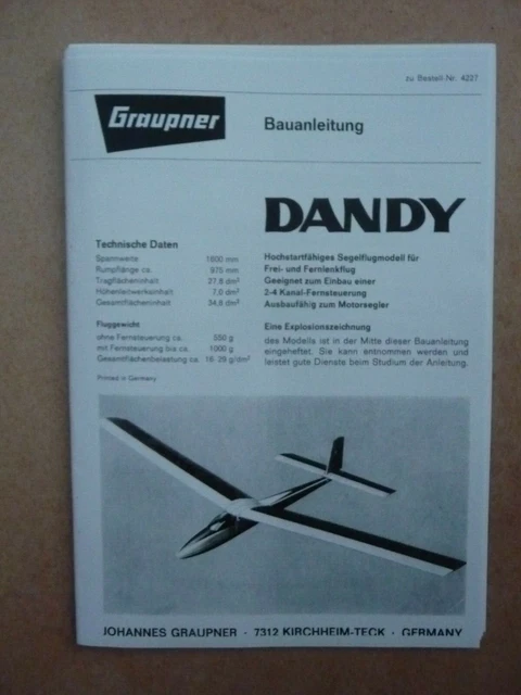 BAUANLEITUNG UND STÜCKLISTE vom Segelflugmodell DANDY( Graupner ) Retro ...