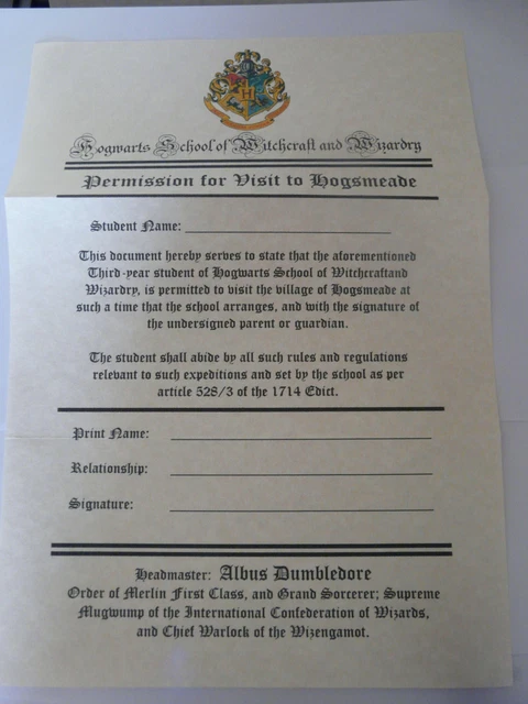 HARRY POTTER - Hogsmeade Permission form - Reproduction/Copy £2.50 ...