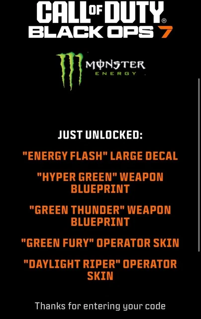 CALL OF DUTY Black Ops 7 BO7 Monster Energy Items Full Set 5 Items + 15 ...