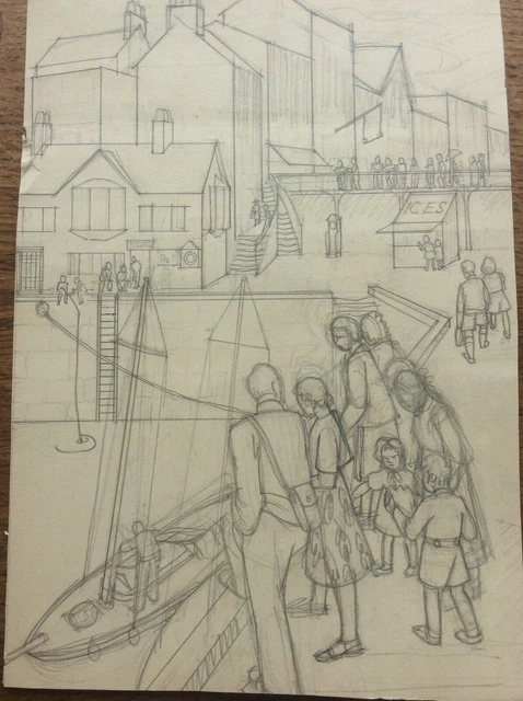 SIGNED PENCIL DRAWING Lillian Mingay Bridlington c1936 Harbour Quayside ...