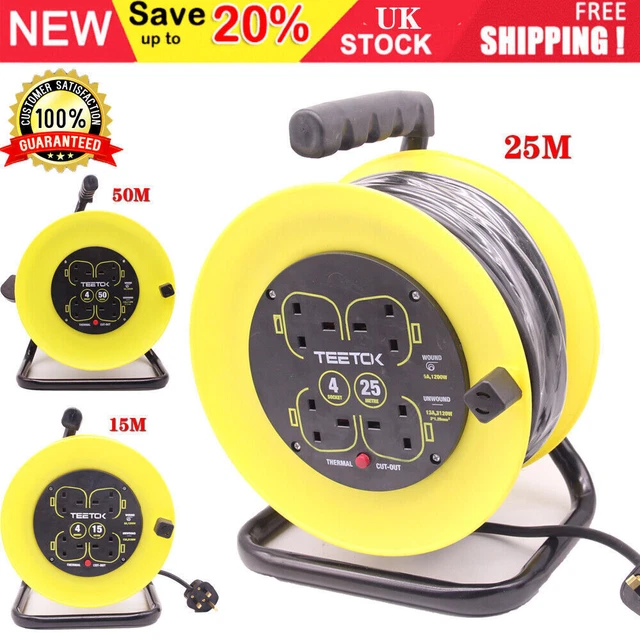 HEAVY DUTY 15/25/50M 13A 4Way Gang Socket Extension Cable Reel ...