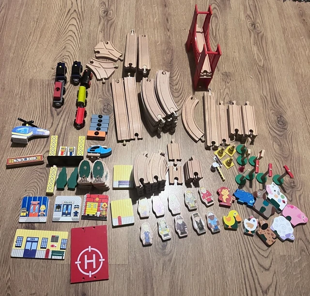 WOODEN TRAIN SET Bundle Railway Track Bridge Houses Signs Trees 100 ...