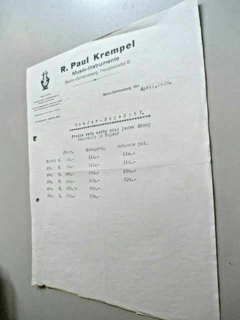 ALTE RECHNUNG ANSCHREIBEN Paul Krempel Musikinstrumente Berlin Schöneberg 1926 EUR 5,99 ...
