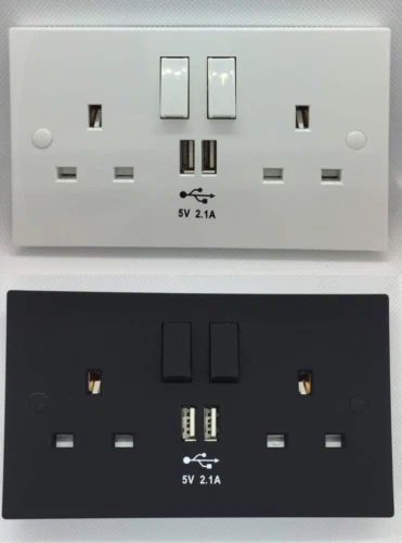 DOUBLE WALL PLUG Socket 2 Gang 13A with 2 USB Ports Screwless Slim Flat ...