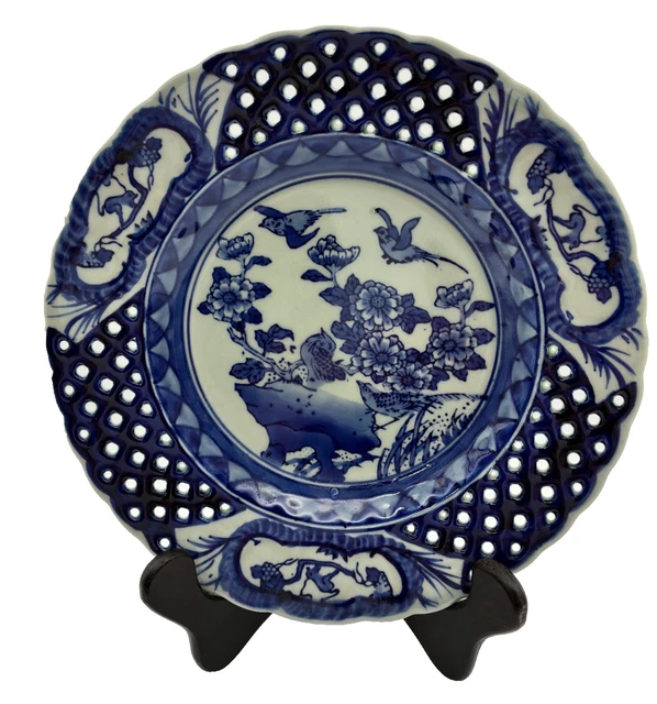 CHINESE BLUE & White Reticulated Porcelain Plate Birds & Flo Qianlong ...