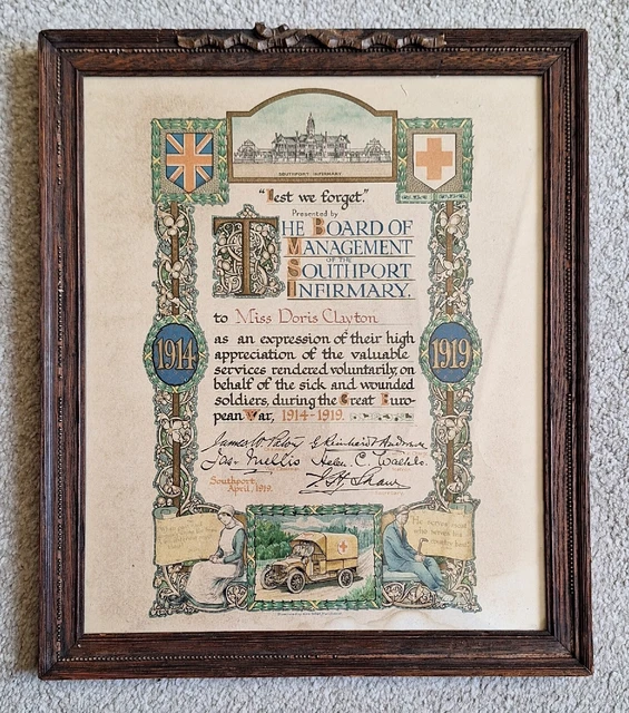 WW1 CERTIFICATE OF Appreciation awarded to Dora Clayton, by Southport ...