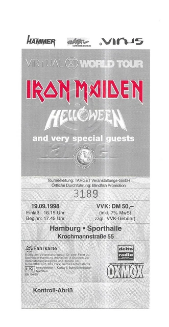 RARE / TICKET Billet Concert - Iron Maiden : Live A Hambourg ...