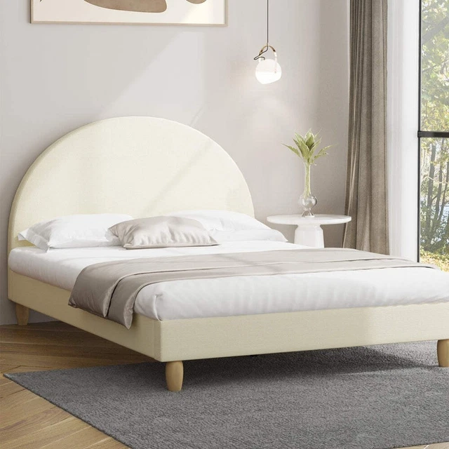 OIKITURE BED FRAME Queen Size Arched Bedhead Beige Fabric $250.77 ...