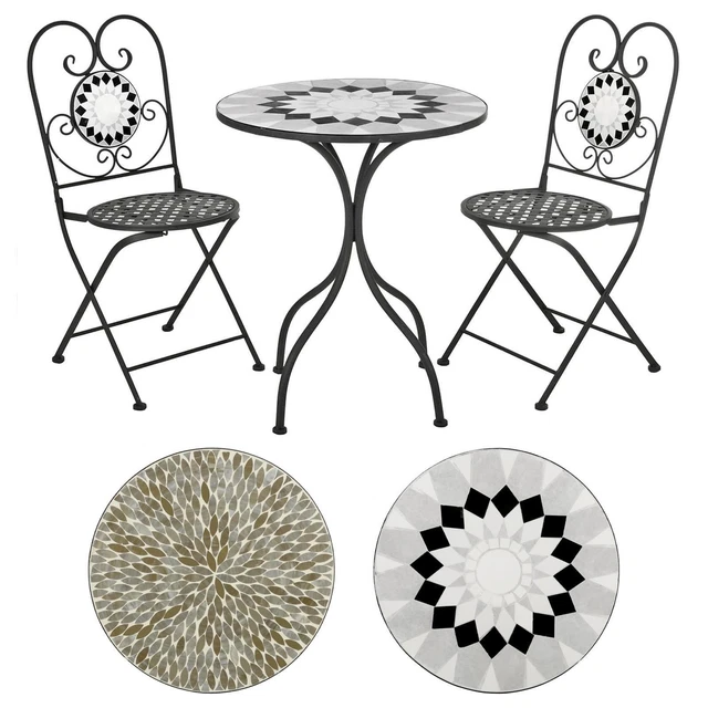 GARDEN BISTRO SET Mosaic Greek Taverna Table 2 Chairs Black Metal ...