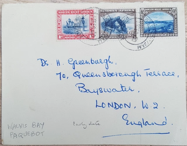 1950 WALVIS BAY PAQUEBOT Union Castle Line Cover SW Africa 9d to London ...