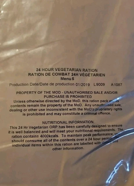 BRITISH ARMY RATION Pack 24 Hour Army Menu#5 Vegetarian Packs £9.89 ...