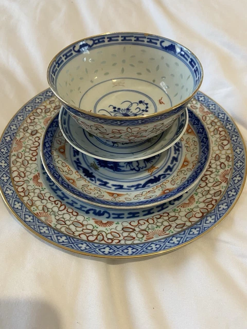 ANTIQUE CHINESE DRAGON Plates Translucent Features Golden Rim: 4 piece ...