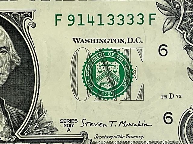 FOUR IN A Row 3s Fancy Serial Number 2017A One Dollar Bill F91413333F ...