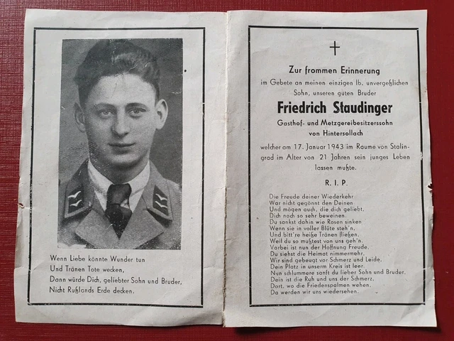 ORIGINAL GERMAN WW2 Soldiers Death Card Wk2 Sterbebild Stalingrad £15. ...
