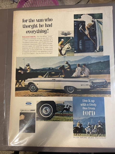 VINTAGE FORD GALAXIE 500/XL Full Page Ad- LIFE MAGAZINE 5/11/1962 $10. ...
