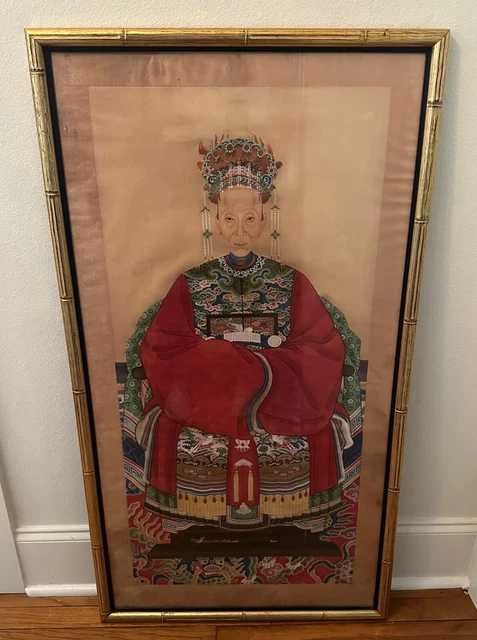 ANTIQUE ORIGINAL CHINESE Ancestor Portrait Painting on Paper, Bamboo ...