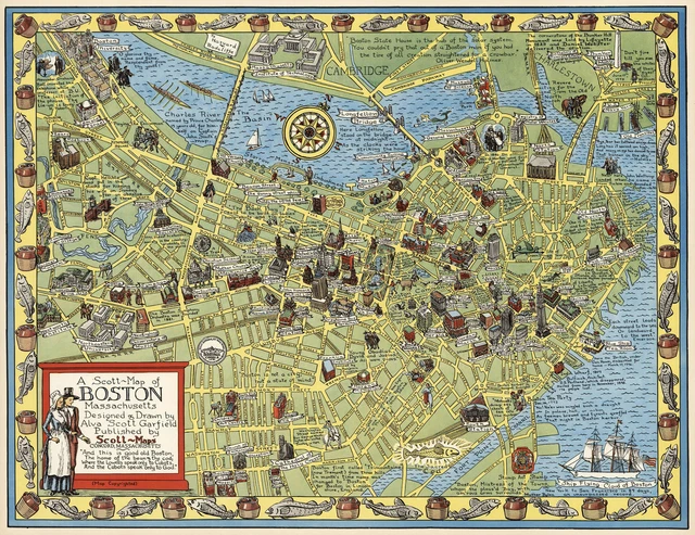 PICTORIAL MAP BOSTON Massachusetts Family History Wall Art Print Poster ...