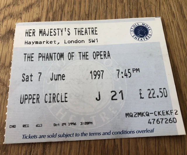 VINTAGE PHANTOM OF the Opera Ticket Stub- Her Majesty's Theatre London 1997 £3.99 - PicClick UK