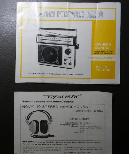 REALISTIC AM/FM PORTABLE RADIO MODEL 12-650 MANUAL and NOVA-10 ...