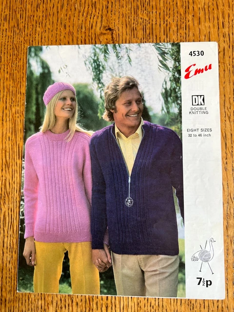 ORIGINAL 1970S EMU knitting pattern 4530 unisex jumper/cardigan 32-46 ...