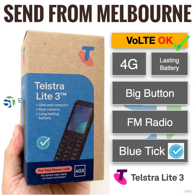 TELSTRA LITE 3 4G Blue Tick VoLTE OK FM Radio Senior Button Phone ...