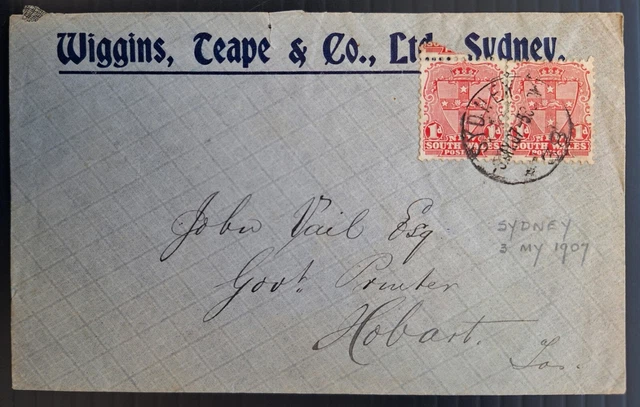 1907 NSW AUSTRALIA Cover from Wiggins, Teape & Co., Ltd to Hobart Govt ...