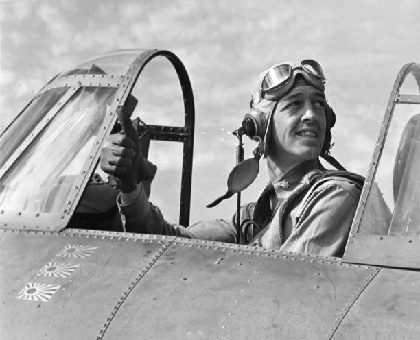 NAVY FLYING ACE Commander John Thach gives thumbs up cockpit plane- Old ...