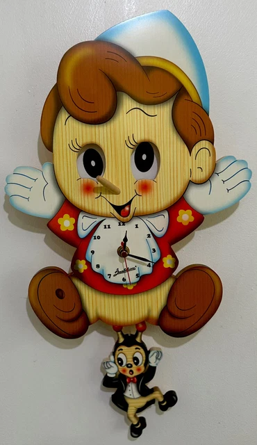 WOODEN BARTOLUCCI ‘PINOCCHIO Clock With Pendulum, Moving Eyes’ NEW Hand ...