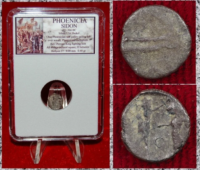 ANCIENT COIN PHOENICIA Sidon Galley King Fighting Lion Silver 1/16 ...