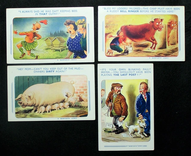 FOUR VINTAGE BAMFORTH Comic Postcards Nos. 1963, 1888, 1885 & 1884 £0. ...