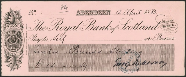 ROYAL BANK OF Scotland, Aberdeen branch, Bearer cheque, 18[78] £0.99 ...