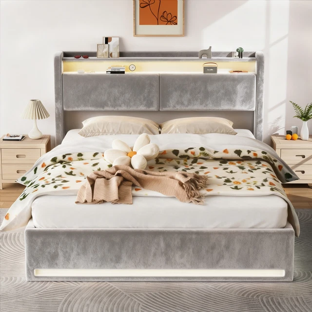 UPHOLSTERED 4FT6 DOUBLE Bed Frame with Hydraulic Lift & 7 Colors LED ...