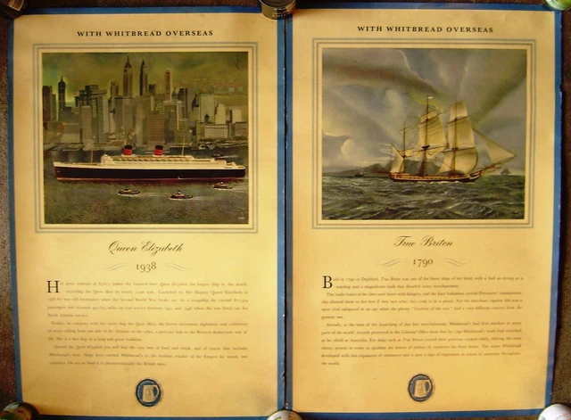 2 WHITBREAD ADVERTISING POSTERS RMS Queen Elizabeth Cunard True Briton ...